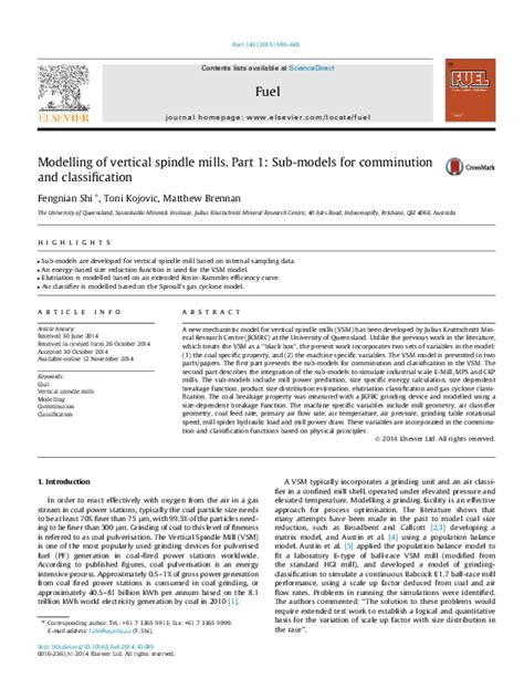 Pdf Modelling Of Vertical Spindle Mills Part 1 Sub Models For Comminution And Classification