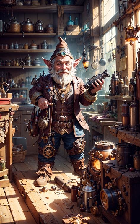 A Steampunk Inspired Digital Illustration Of A Gnome Inventor In A