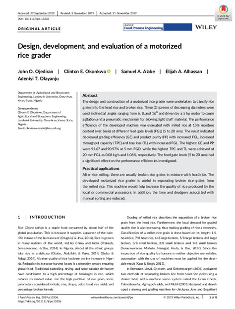 pdf design development and evaluation of a motorized rice grader