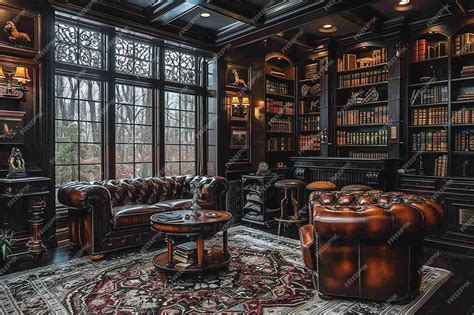 Premium Photo Masculine Den With Leather Furniture Dark Wood