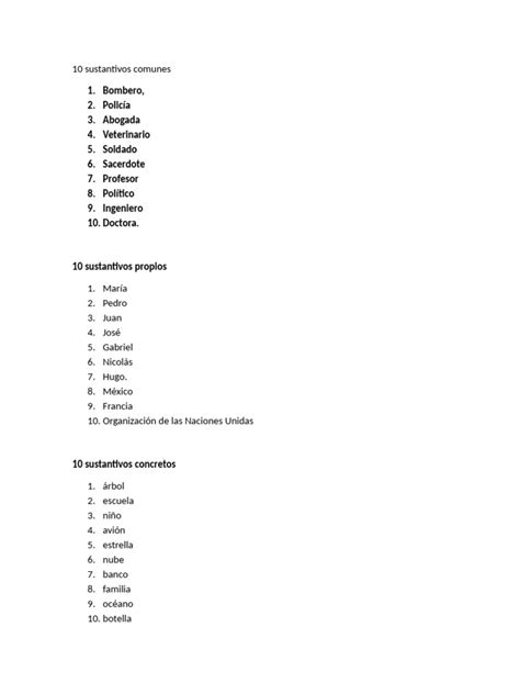 10 Ejemplos De Sustantivos Comunes Pdf