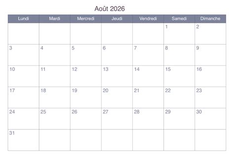Calendrier Août 2026 Excel 2026 Calendrier