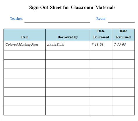 Sample Sign Out Sheet Template