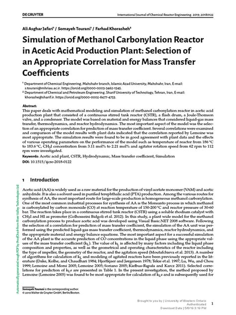 Simulation Of Methanol Carbonylation Reactor In Acetic Acid Production Plant Selection Of An