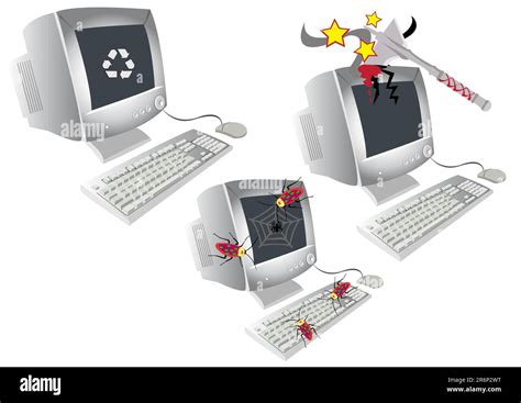 Vector Illustration Of Three Old Computers First With Recycle Sign On The Screen Second Broke