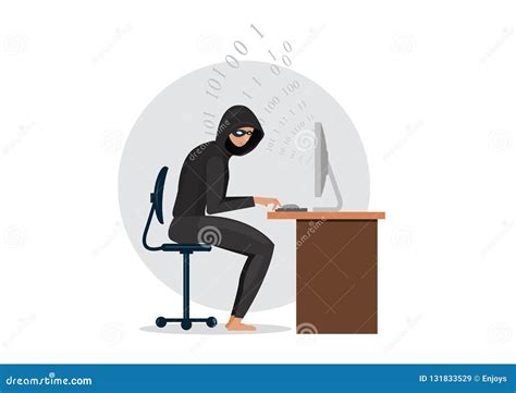 Hacker Thief With Laptop Computer Stealing Passwords And Confidential Data Stock Vector