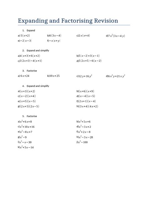 Expanding And Factorising Revision Pdf