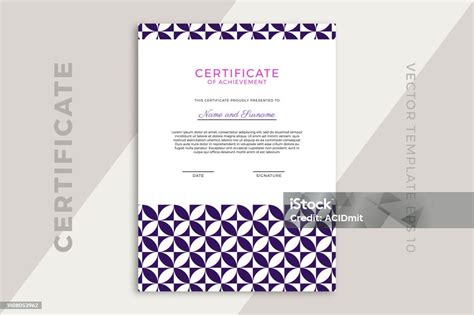 창조적 인 기하학적 패턴으로 졸업 또는 코스 완료를위한 현대 비즈니스 디플로마 템플릿 트렌디 한 디자인의 감사 수직 모형의 인증서 간단한 벡터 배경 Eps 10 감사장에