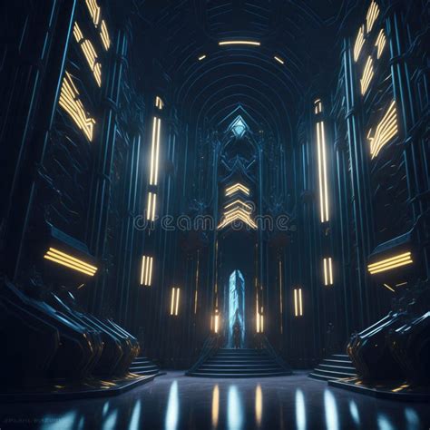 Futuristic Alien Mothership Hall Flying Castle Throne Room Interior Hallway Dark With Lights