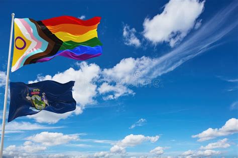 Large Lgbtq Progress Pride With Intersex Inclusion Flag And Flag Of Maine State Usa Freedom