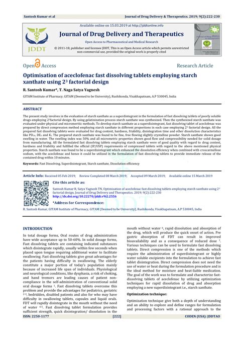 Pdf Optimisation Of Aceclofenac Fast Dissolving Tablets Employing Starch Xanthate Using 2 3