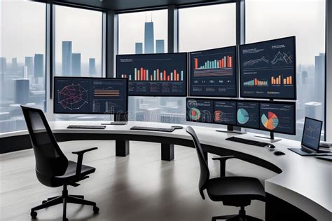 Modern Office Workspace With Multiple Monitors Analyzing Data In A High