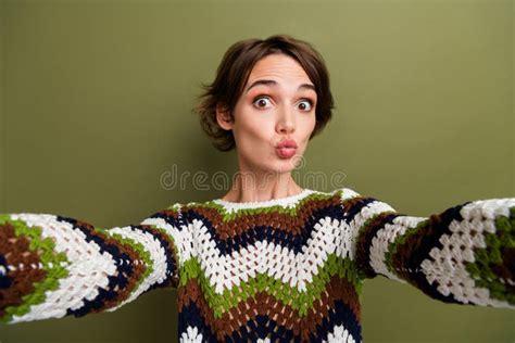 Photo Of Positive Flirty Girl Dressed Striped Clothes Tacking Selfie