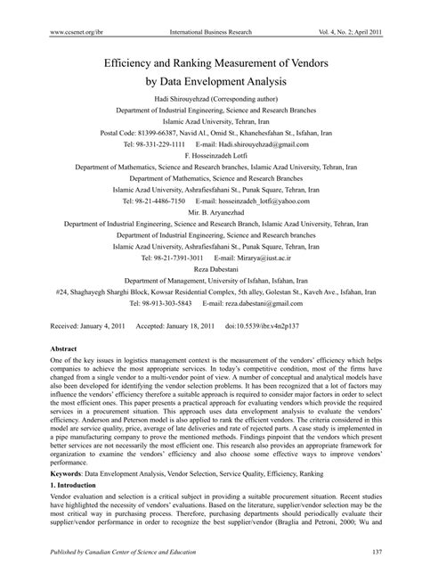 Pdf Efficiency And Ranking Measurement Of Vendors By Data Envelopment Analysis