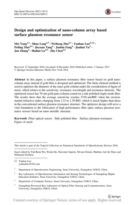 Design And Optimization Of Nano Column Array Based Surface Plasmon Resonance Sensor