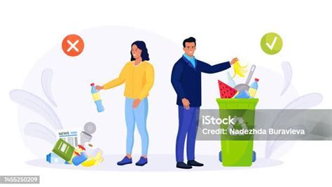 쓰레기를 버리는 올바른 예입니다 쓰레기통 쓰레기통 쓰레기통 및 용기에 쓰레기를 넣는 사람 재활용 쓰레기 재활용 환경 쓰레기 오염 생태 보호 던지기에 대한 스톡 벡터 아트 및