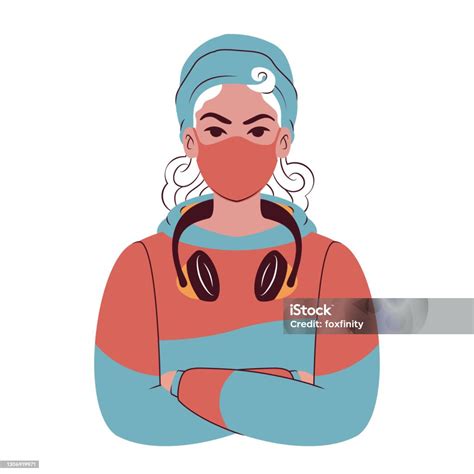 비니 헤드폰 얼굴 가면을 쓰고 화려한 후드를 입은 젊은 백인 여성의 초상화 만화 십대 아바타 플랫 스타일 일러스트레이션 긍정적인 감정 표현에 대한 스톡 벡터 아트 및 기타