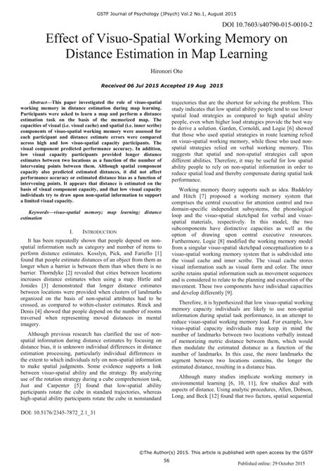 Pdf Effect Of Visuo Spatial Working Memory On Distance Estimation In Map Learning