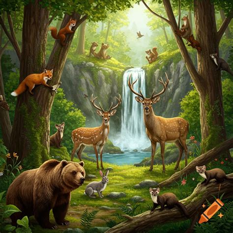 Forest Scene With Waterfall Bear Fox Squirrel Elk Deer Rabbits