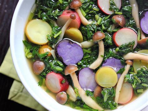 Mugwort Soup With Fingerling Potatoes And Beech Mushrooms Soy Rice Fire