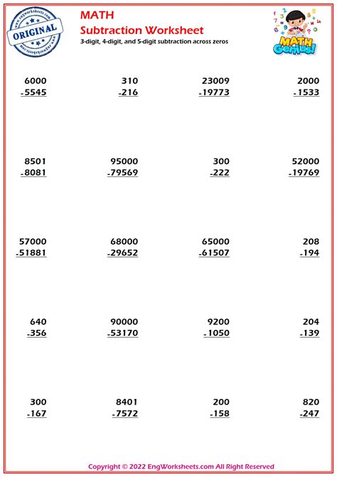 3 Digits 4 Digits And 5 Digits Subtraction Across Zeros Worksheets And Exercise Engworksheets