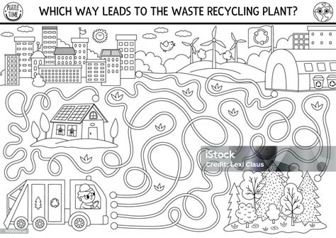쓰레기 트럭을 가진 아이들을위한 생태 학적 흑백 미로는 재활용 공장을 낭비합니다 지구의 날 유치원 라인 Ctivity 에코 인식 또는 제로 폐기물 미로 게임 또는 색칠 공부