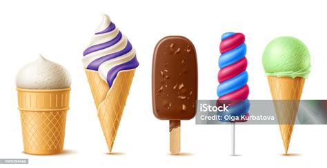 현실적인 아이스크림 우유 차가운 디저트 와플 컵과 콘 팝시클 스틱 트위스트 모양 여름 냉동 주스 견과류 과일 및 민트 볼이있는 초콜릿 유약 완전한 벡터 절연 세트 3차원
