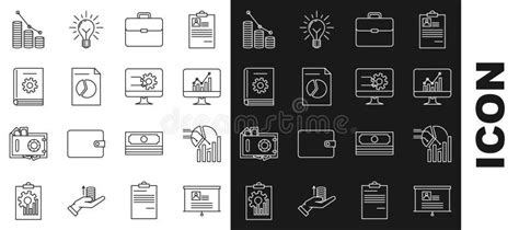 Set Line Board With Resume Pie Chart Infographic Computer Monitor Briefcase Document User