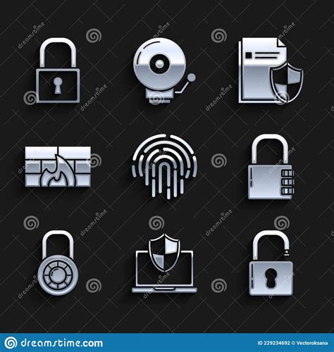 Set Fingerprint Laptop Protected With Shield Open Padlock Safe Combination Wheel Firewall