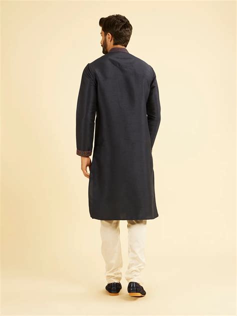 Buy Midnight Blue Plain Classic Kurta Set With Embroidered Neckline