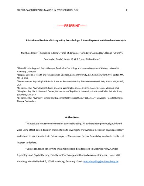 Pdf Effort Based Decision Making In Psychopathology A Transdiagnostic Multilevel Meta Analysis