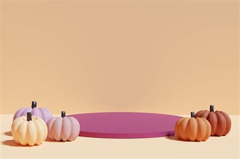 베이지 색 배경에 둥근 연단이있는 오렌지 호박의 다양한 색조의 3d 렌더링 0명에 대한 스톡 사진 및 기타 이미지 0명 10월 3차원 형태 Istock