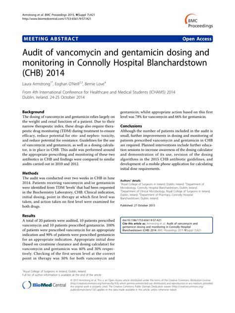 Pdf Audit Of Vancomycin And Gentamicin Dosing And Monitoring In Connolly Hospital
