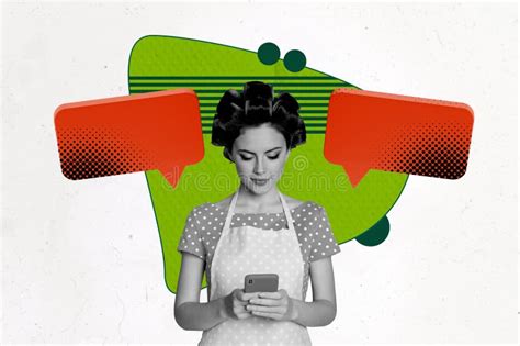 Creative Picture Collage Young Woman Textbox Reply Message Internet Communication Smartphone