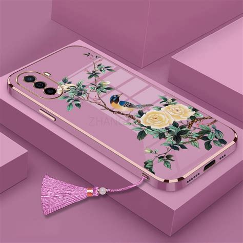 Casing Huawei Nova Y70 Phone Case Electroplated Silicone Flower And Bird Pattern Soft Shell To