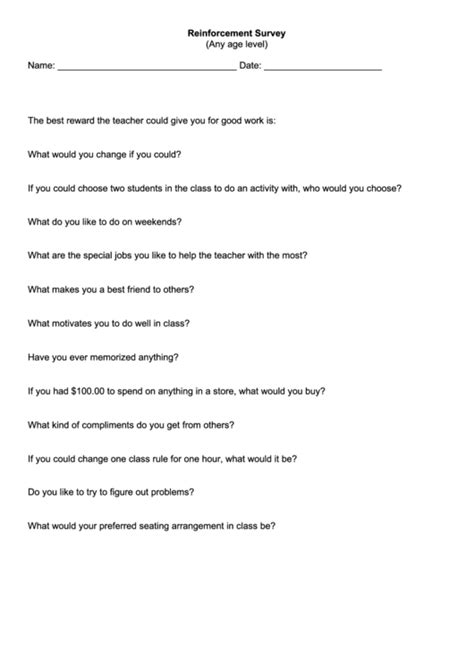 Reinforcement Survey Any Age Level Printable Pdf Download