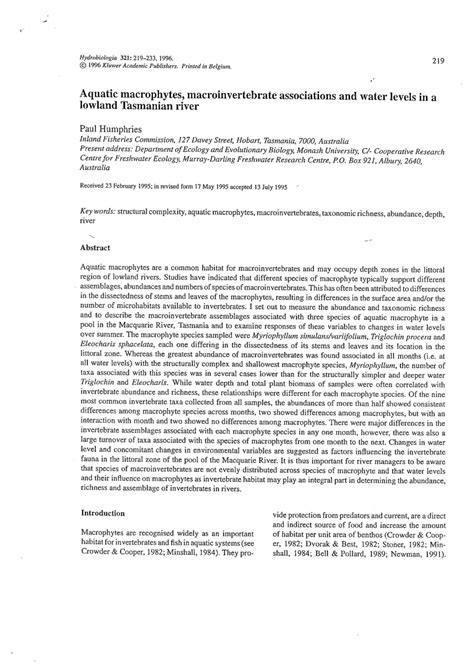 Pdf Aquatic Macrophytes Macroinvertebrate Associations And Water