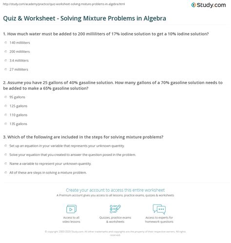 quiz and worksheet solving mixture problems in algebra