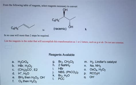 Solved From the following table of reagents, select reagents | Chegg.com