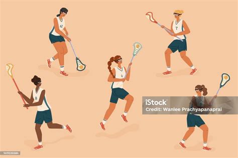 여자 라크로스 선수들이 공 캐릭터 벡터 세트를 제어합니다 여성 라크로스 선수들은 공과 막대기로 인물을 고립시켰다 라크로스에 대한 스톡 벡터 아트 및 기타 이미지 Istock