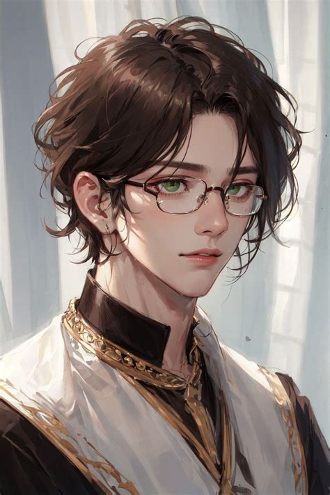 Аниме парень бородка очки короткие черные волосы зелёные глаза