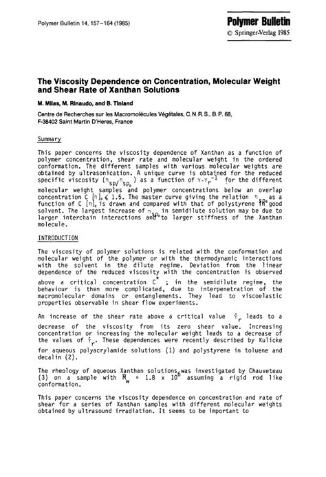 Pdf The Viscosity Dependence On Concentration Molecular Weight And Shear Rate Of Xanthan