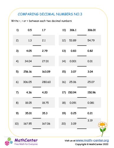 Comparing Decimal Numbers No3 Worksheets Math Center