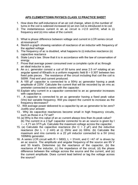 Class 12 Physics Practice Sheet Pdf Inductor Capacitor