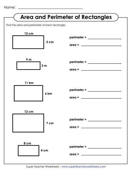 Calculating Area And Perimeter Of A Rectangle Printable Geometry