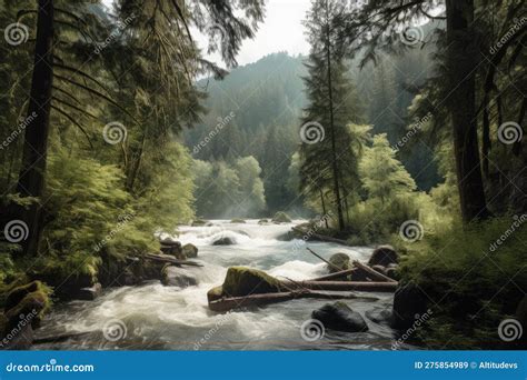 Forest With Towering Trees And Rushing River In The Background Stock Image Image Of River