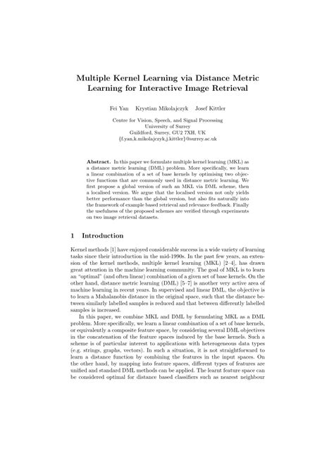 pdf multiple kernel learning via distance metric learning for