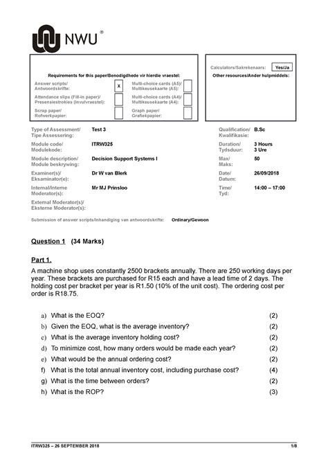 Semester Test 3 Memo 26 September 2018 Calculators Sakrekenaars Yes Ja