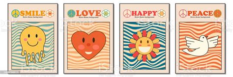 빈티지 복고풍 70년대 바우하우스 디자인 포스터 벡터 커버 세트 여름 봄 행복 미소 스위스 스타일의 다채로운 기하학적 구성 전단지 잡지 음악 앨범 1960 1969 년에