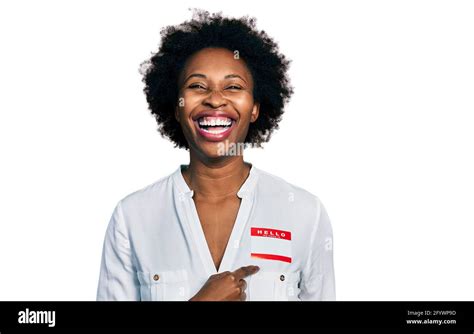 African American Woman With Afro Hair Wearing Hello My Name Is Sticker